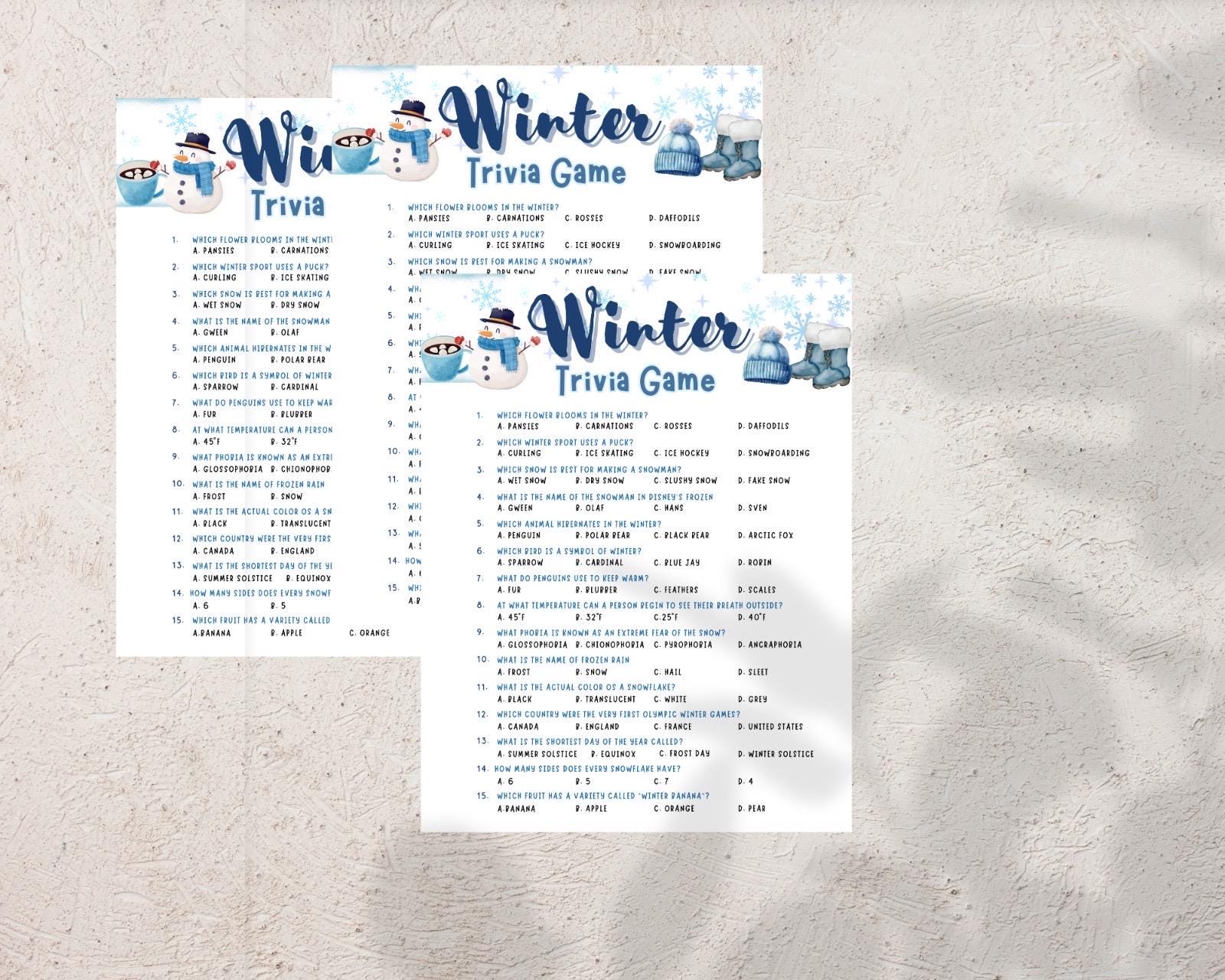 Winter Trivia Game, Printable Winter Games, Winter Game for Adults ...