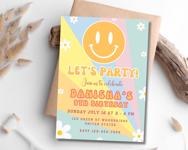 Editable Retro Daisy Smile Face Birthday Invitation, Pastel Smile Face ...