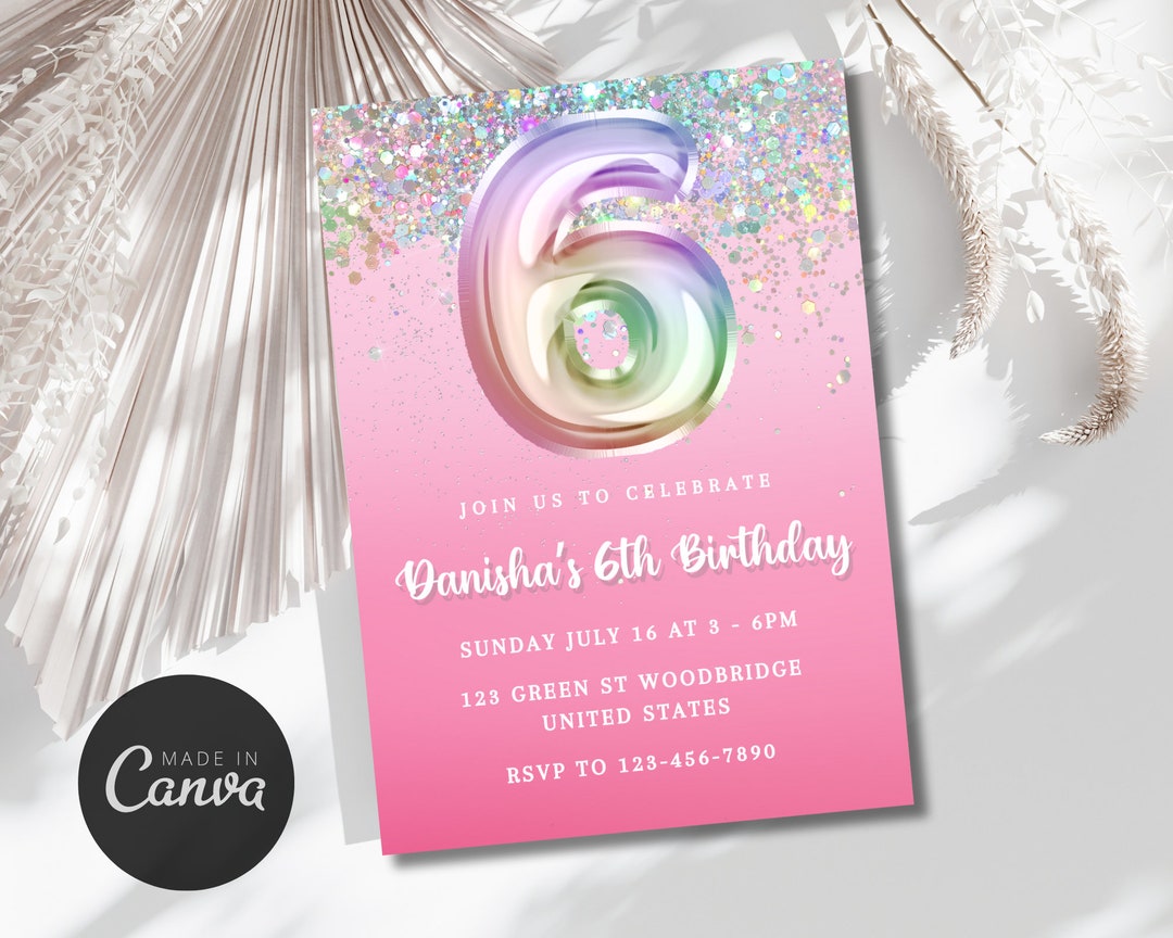 Editable Pink 6th Birthday Invitation Template Glitter Birthday Party ...