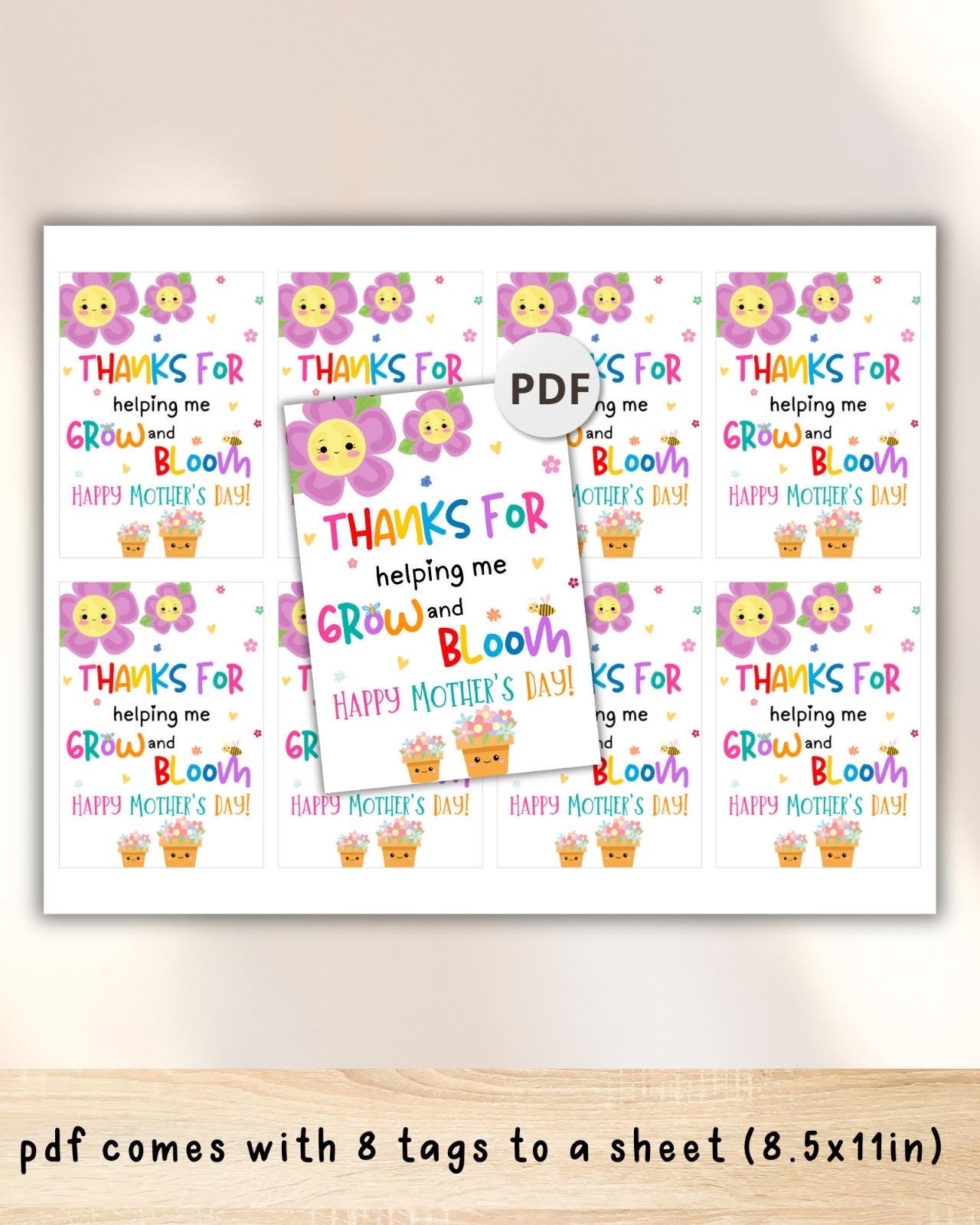 Grow and Bloom Mother's Day Gift Tag Printable, Cute Flower Gift Tags ...