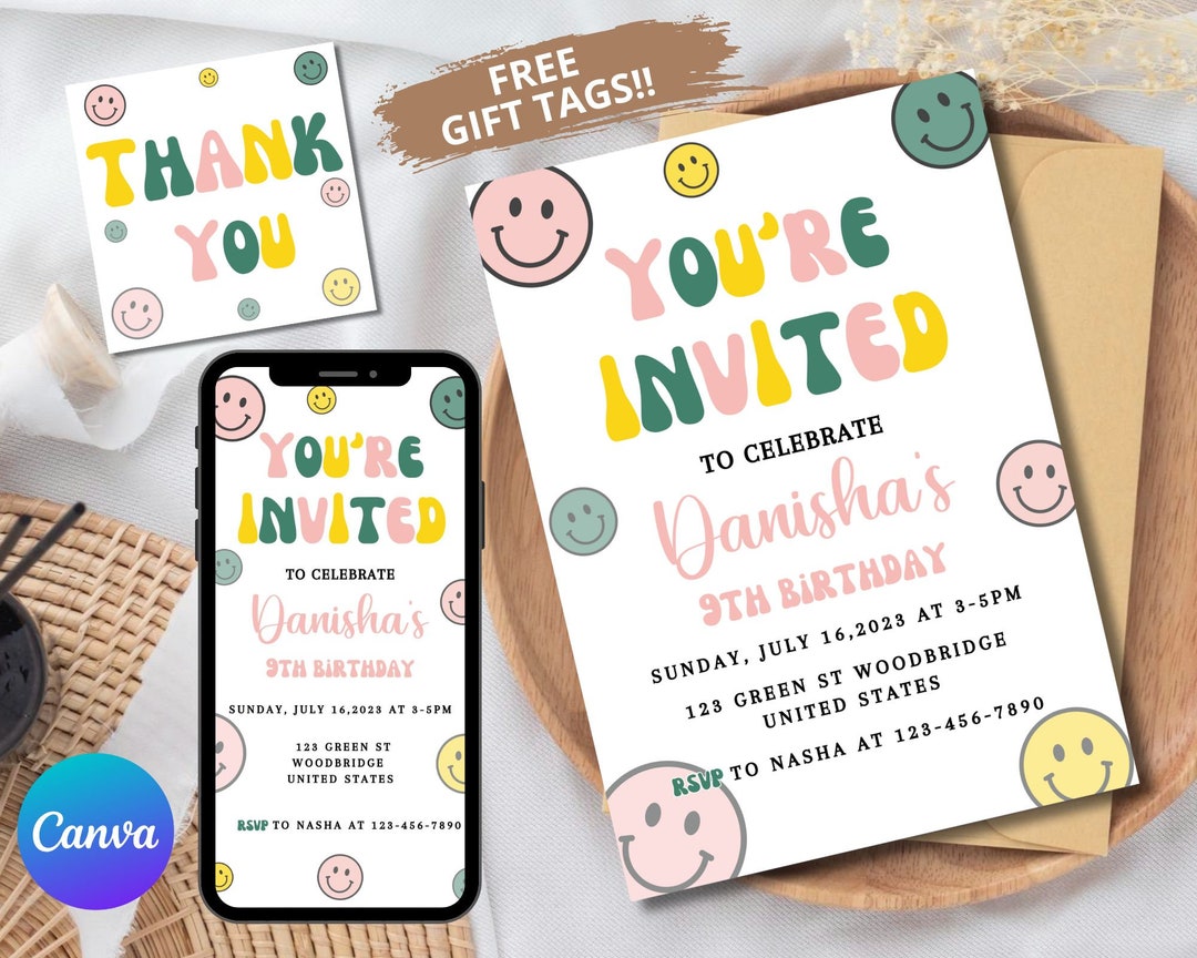 Editable Smileys Birthday Party Invitation Template, Smiley Faces ...