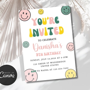 Editable Smileys Birthday Party Invitation Template, Smiley Faces ...