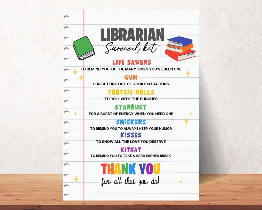 EDITABLE Librarian Survival Kit Printable, Back to School Gift, Pta Pto ...
