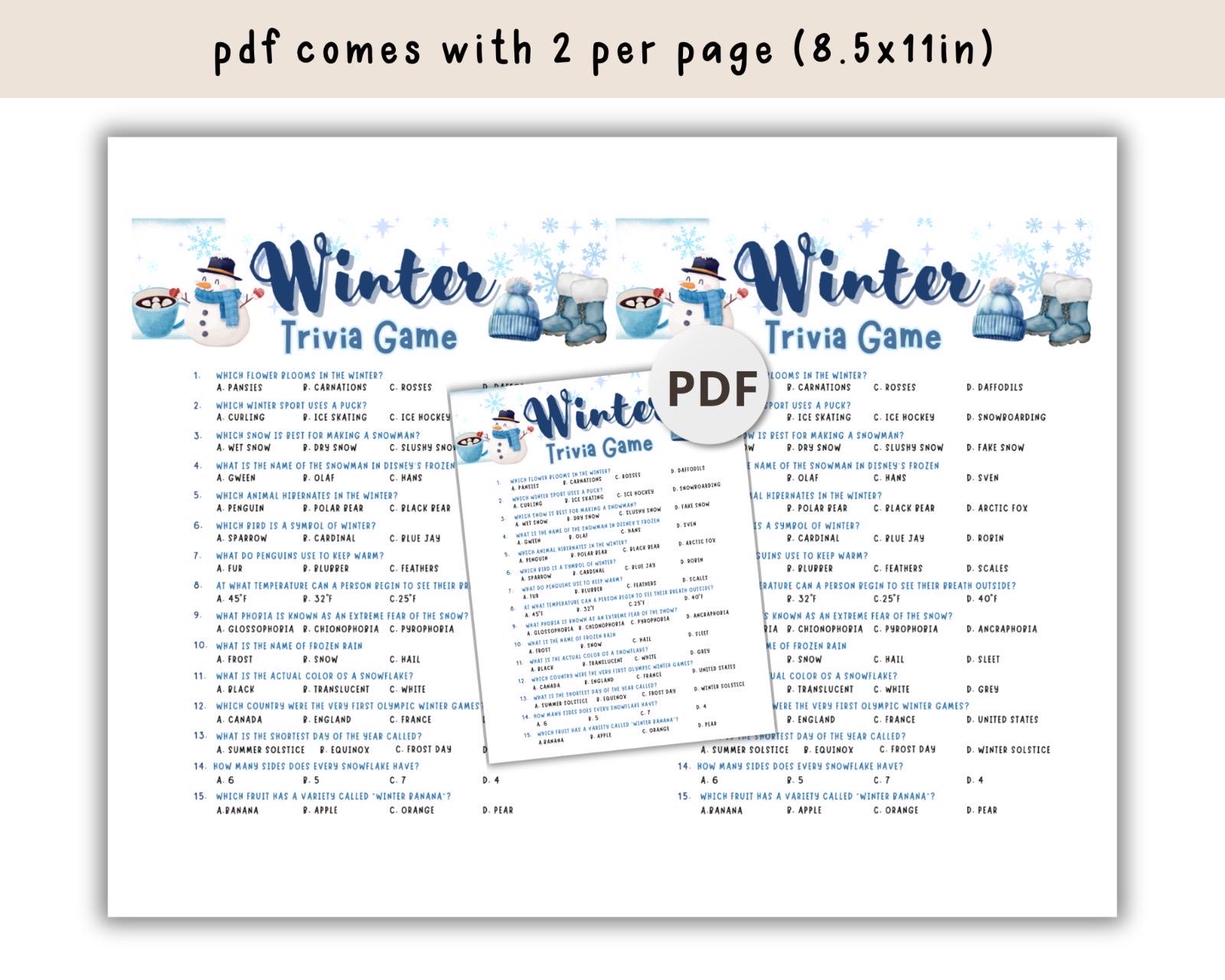 Winter Trivia Game, Printable Winter Games, Winter Game for Adults ...