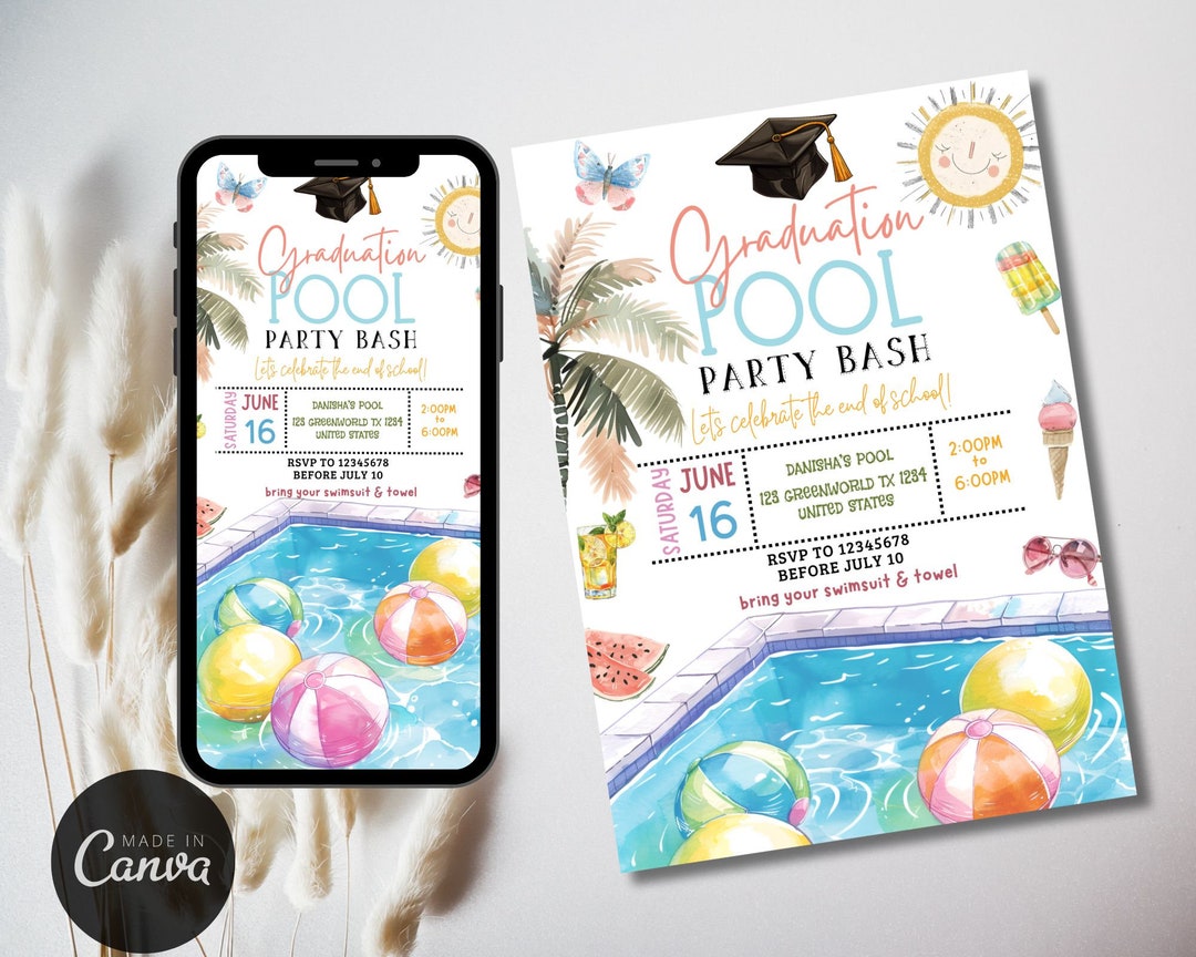 Graduation Pool Party Invitation Template, Editable Kindergarten Grad ...