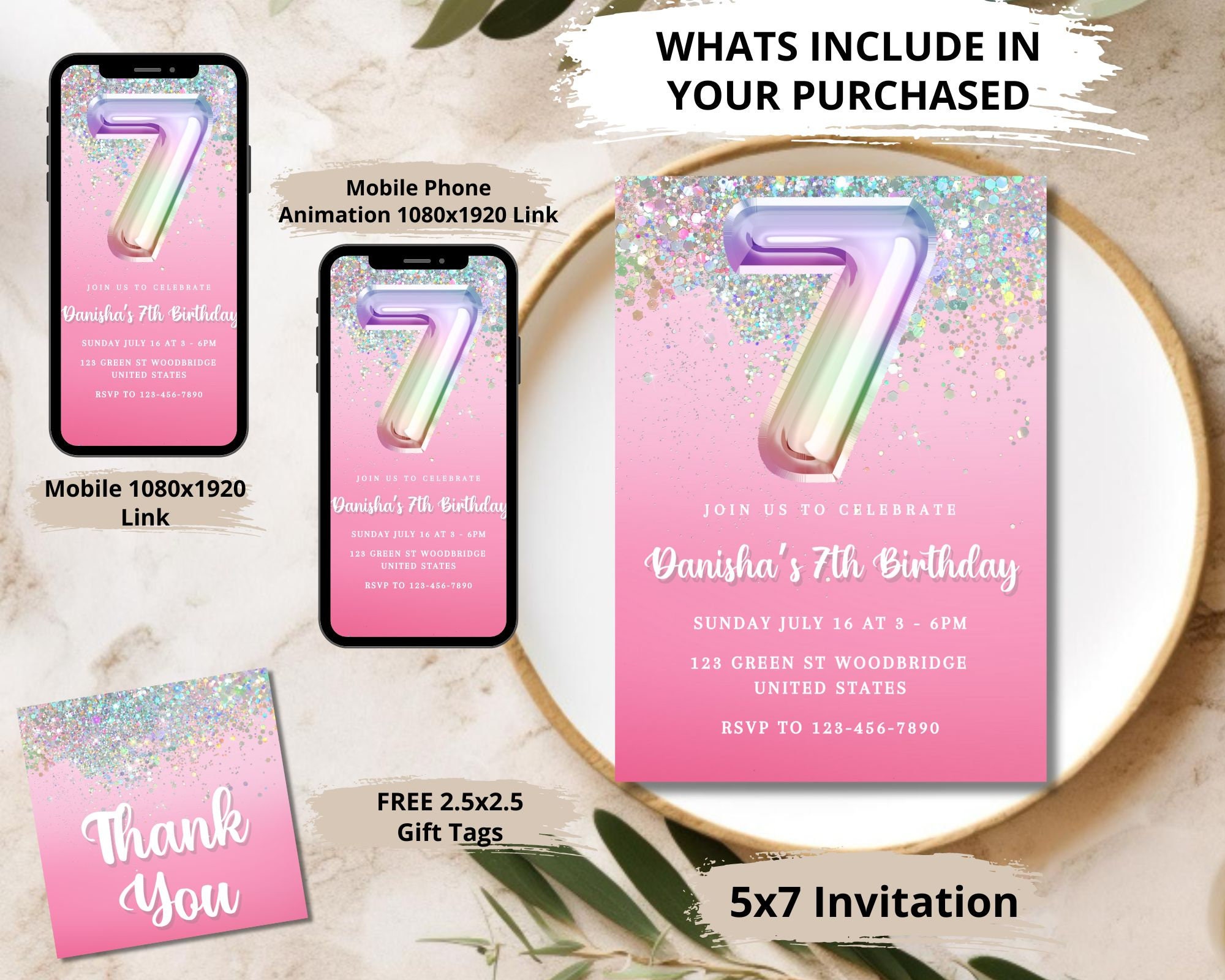 Editable Pink 7th Birthday Invitation Template Glitter Birthday Party ...