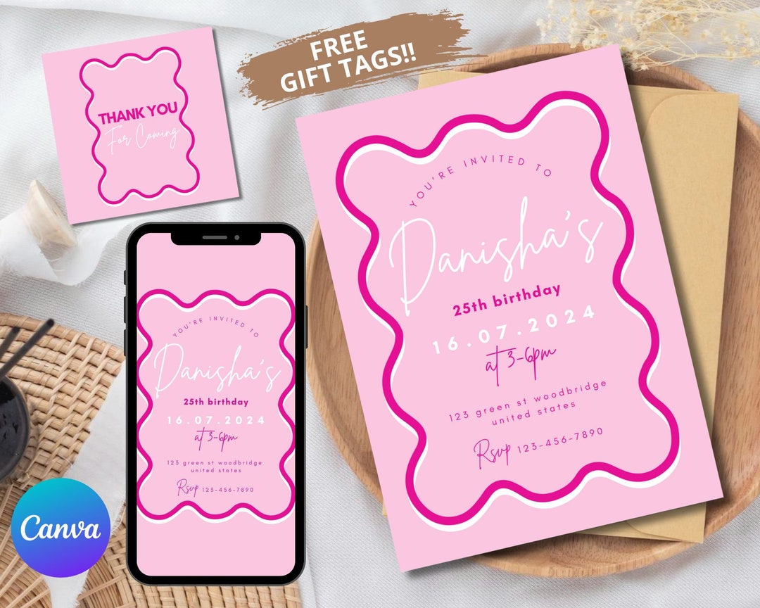 Editable Wavy Invitation, Pink Wavy Border Invitation, Pink Wavy Invite ...