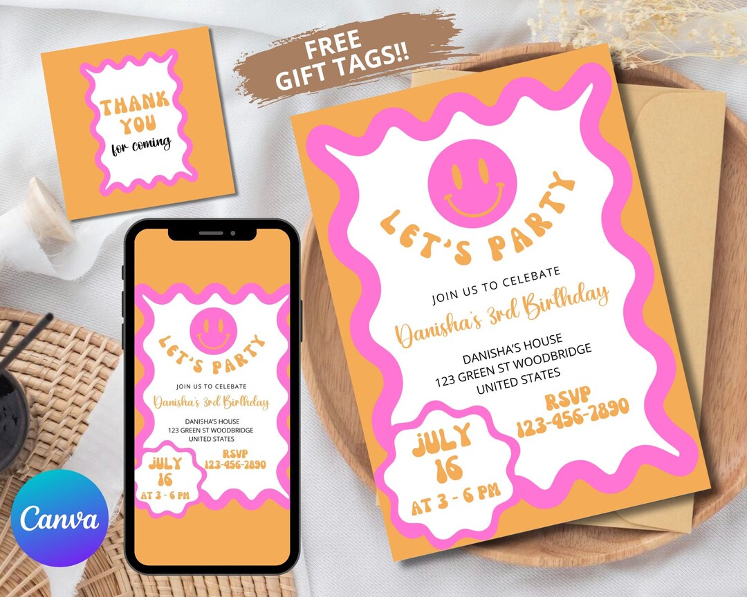 Editable Preppy Let's Celebrate Smile Face Birthday Invitation Template ...
