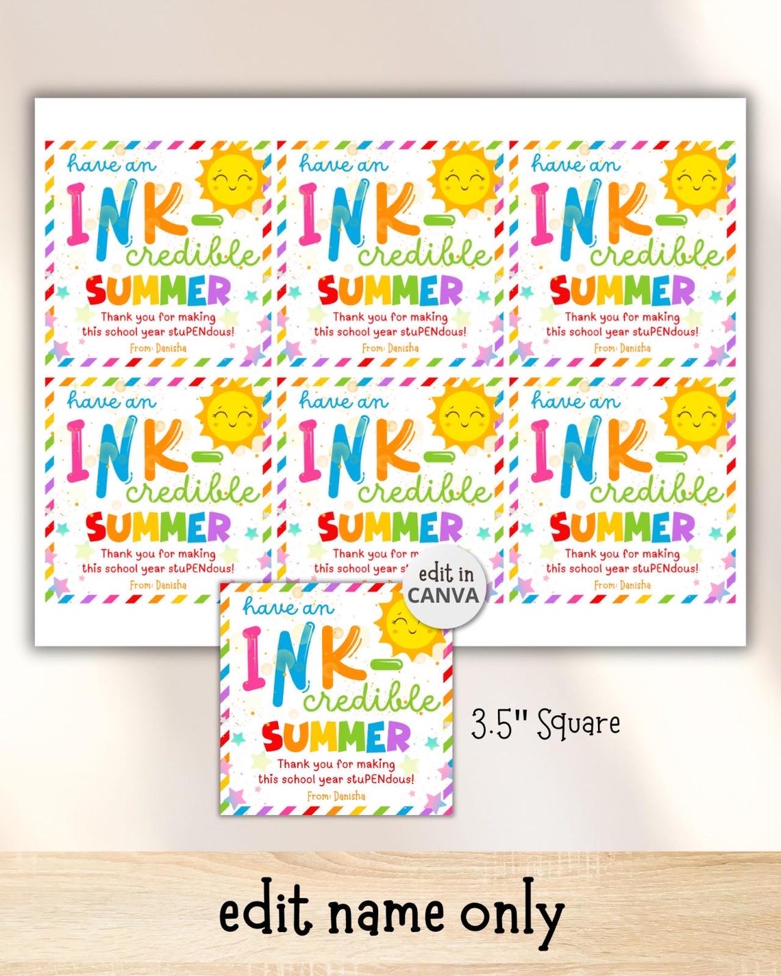 End of Year Gift Tag: Ink-credible Summer, Editable Teacher Tag ...