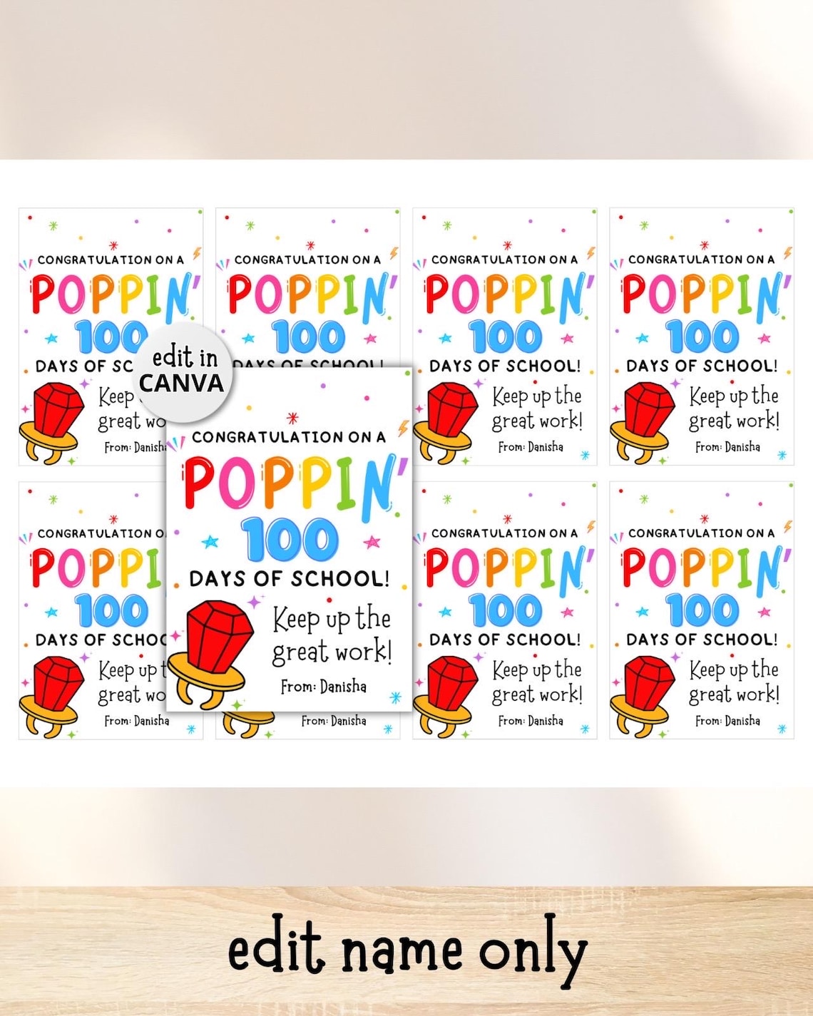 Printable Candy Ring 100 Days of School Tag, Poppin 100 Days Card, Gift ...