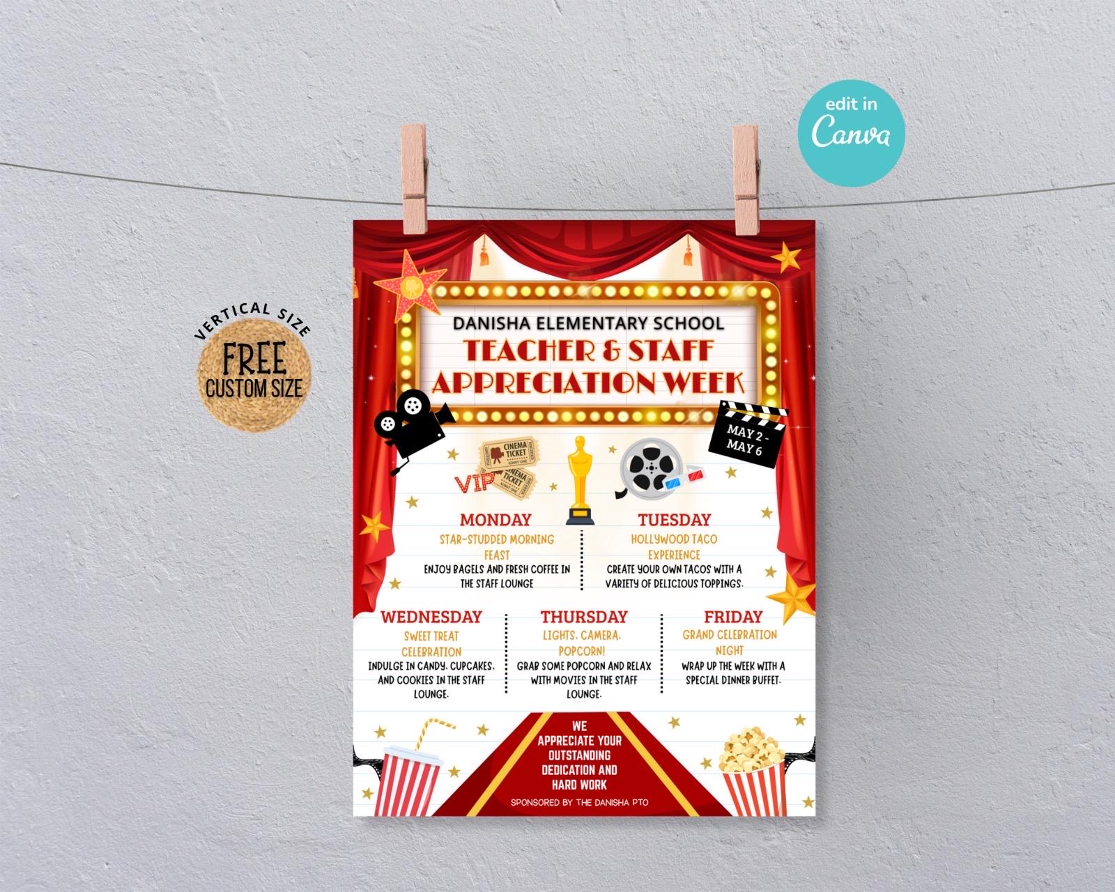 Hollywood Theme Teacher Appreciation Week Flyer Hollywood Editable ...
