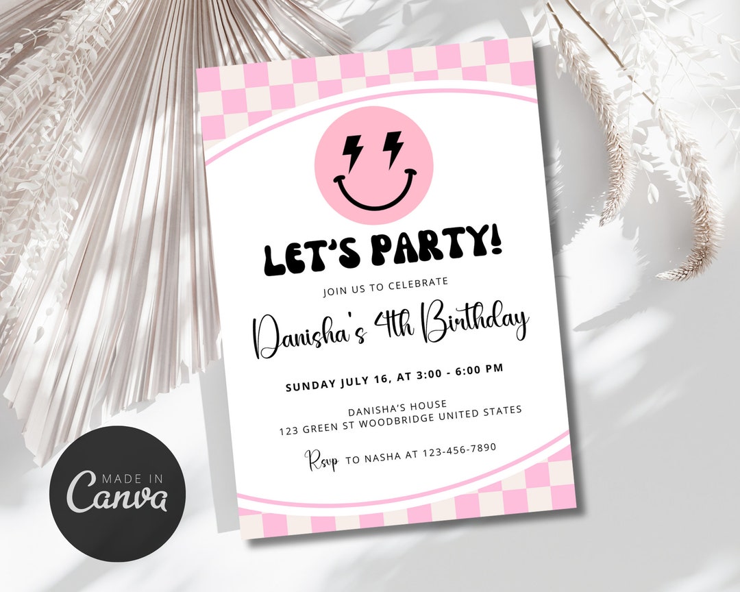 Editable Preppy Let's Celebrate Smile Face Birthday Invitation Template ...