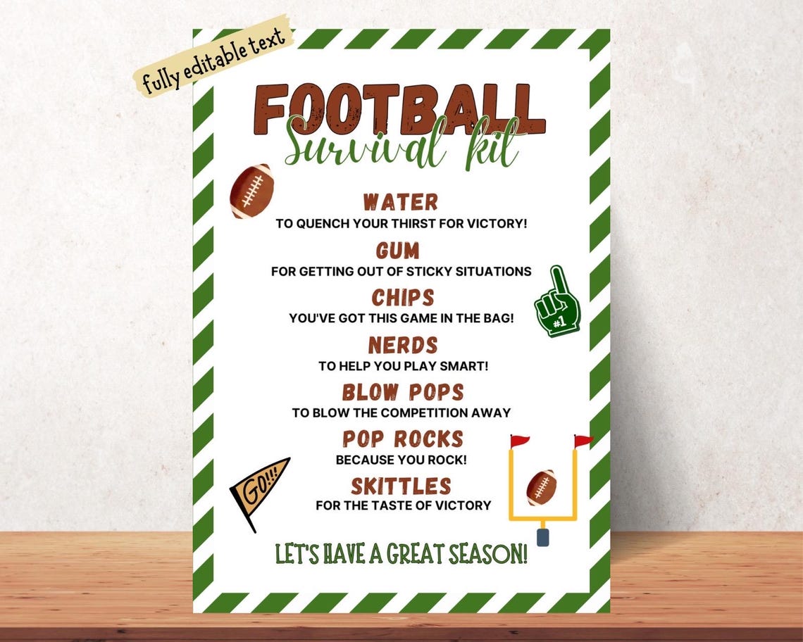EDITABLE Football Survival Kit Printable, Gift Bag Printable, Printable ...