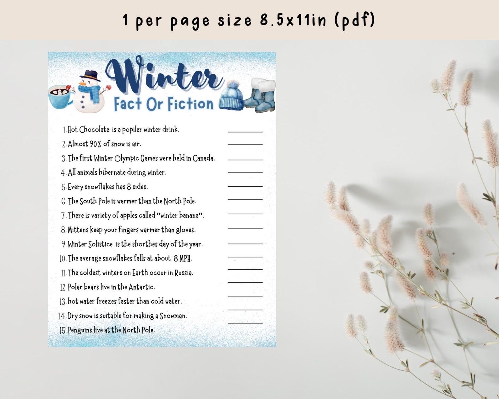 Winter Fact or Fiction Game for Teens & Adults, Winter True or False ...