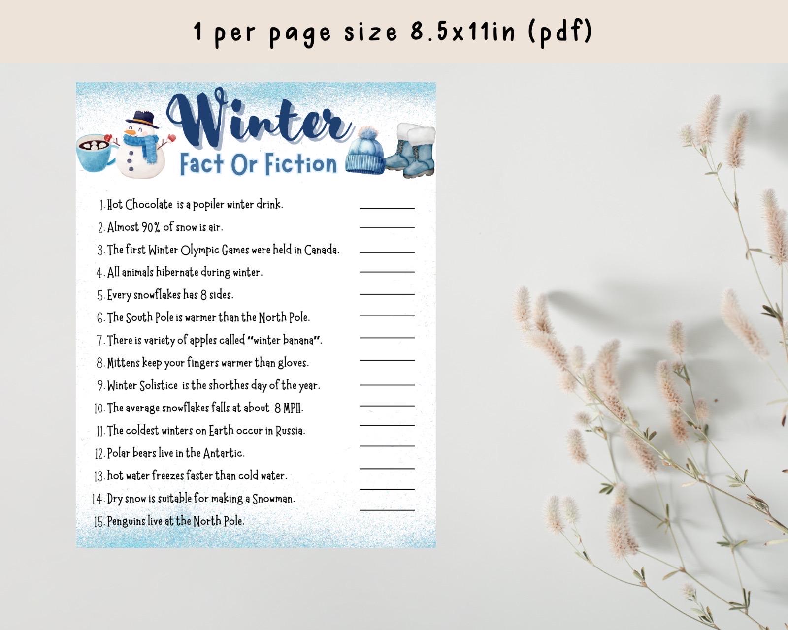 Winter Fact or Fiction Game for Teens & Adults, Winter True or False ...