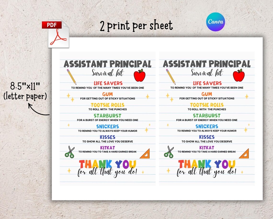 Assistant Principal Survival Kit Tag: Appreciation Gift Card (digital ...