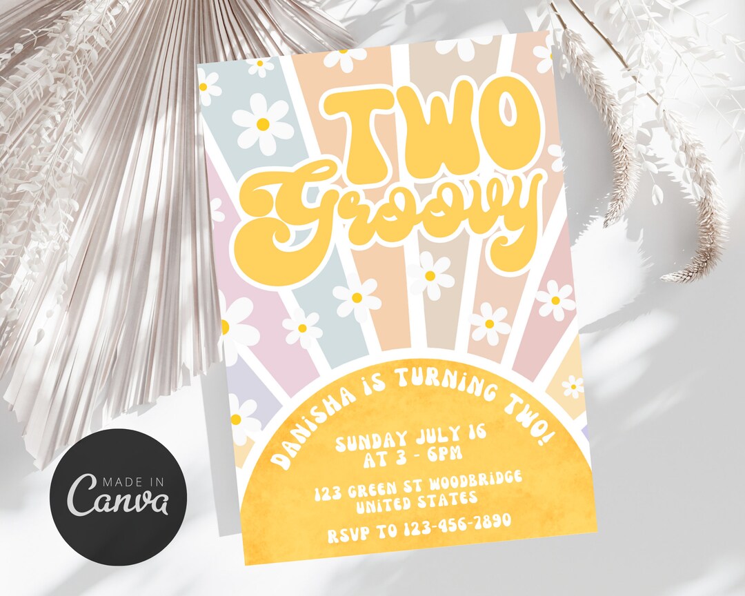 Editable Two Groovy Invite Groovy 2nd Birthday Invite, Hippie Birthday ...