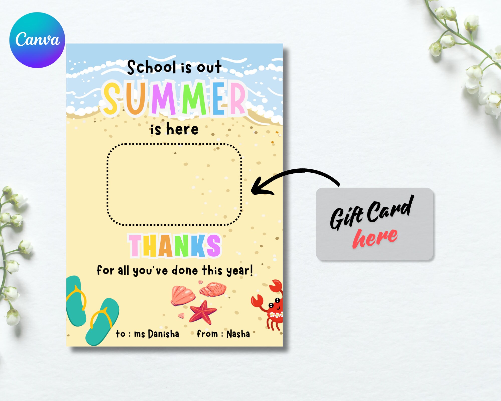 Summer Teacher Gift Card Holder Template, Printable End of Year School ...