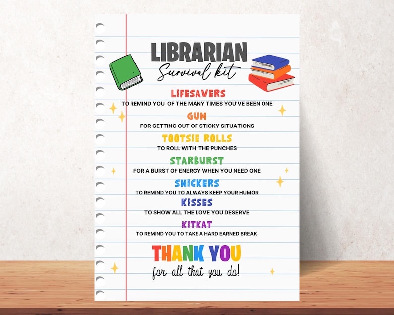 EDITABLE Librarian Survival Kit Printable, Back to School Gift, Pta Pto ...