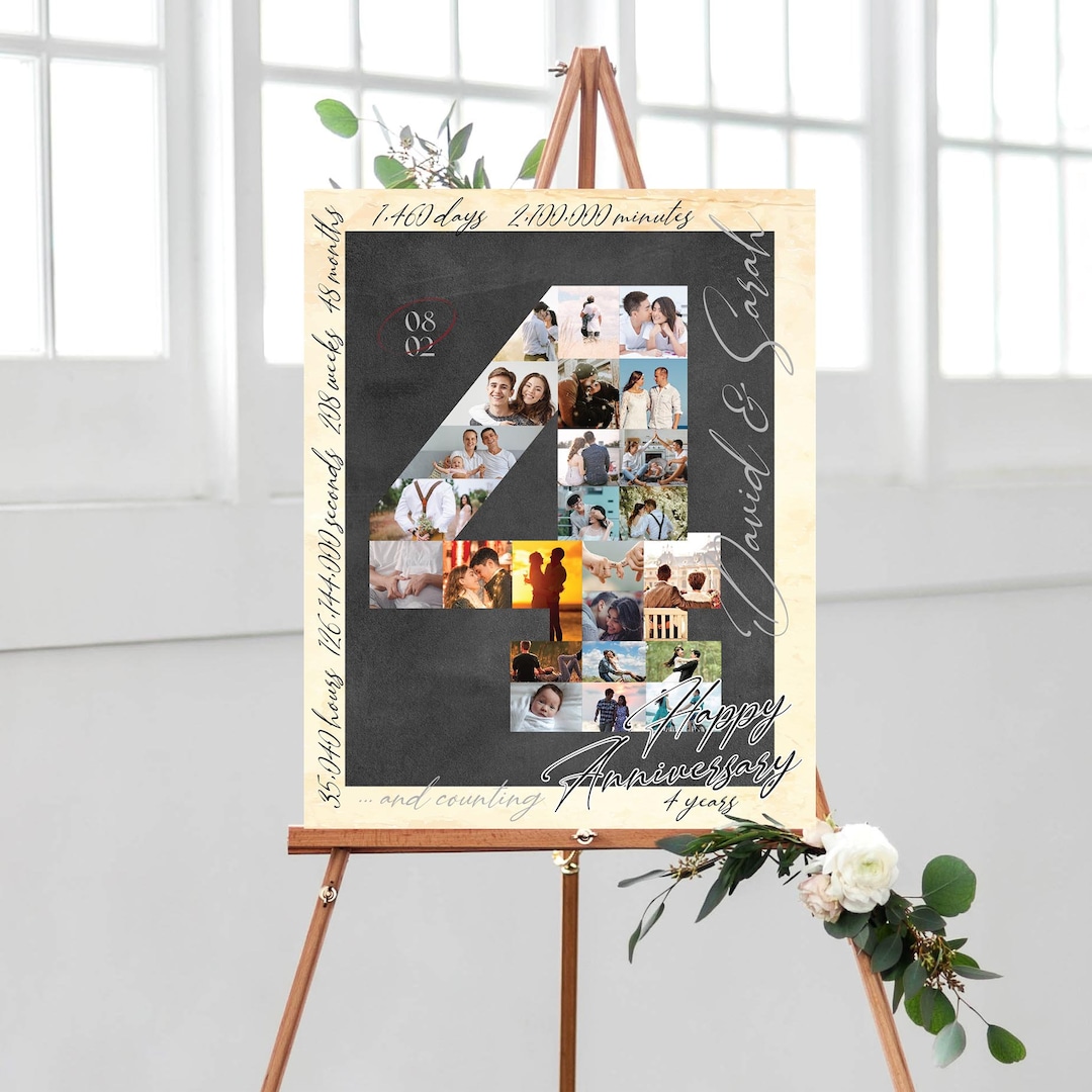 Custom Number 4 Photo Wall Art, Anniversary Photo Collage, 4th ...