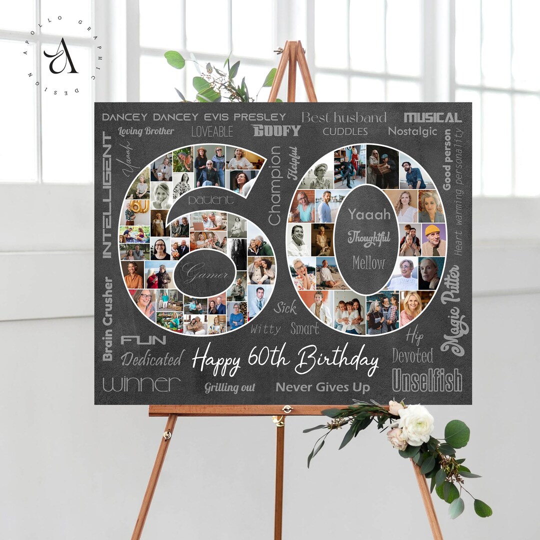 60th Birthday Photo Collage, Number 60 Anniversary Gift, Custom Gift ...
