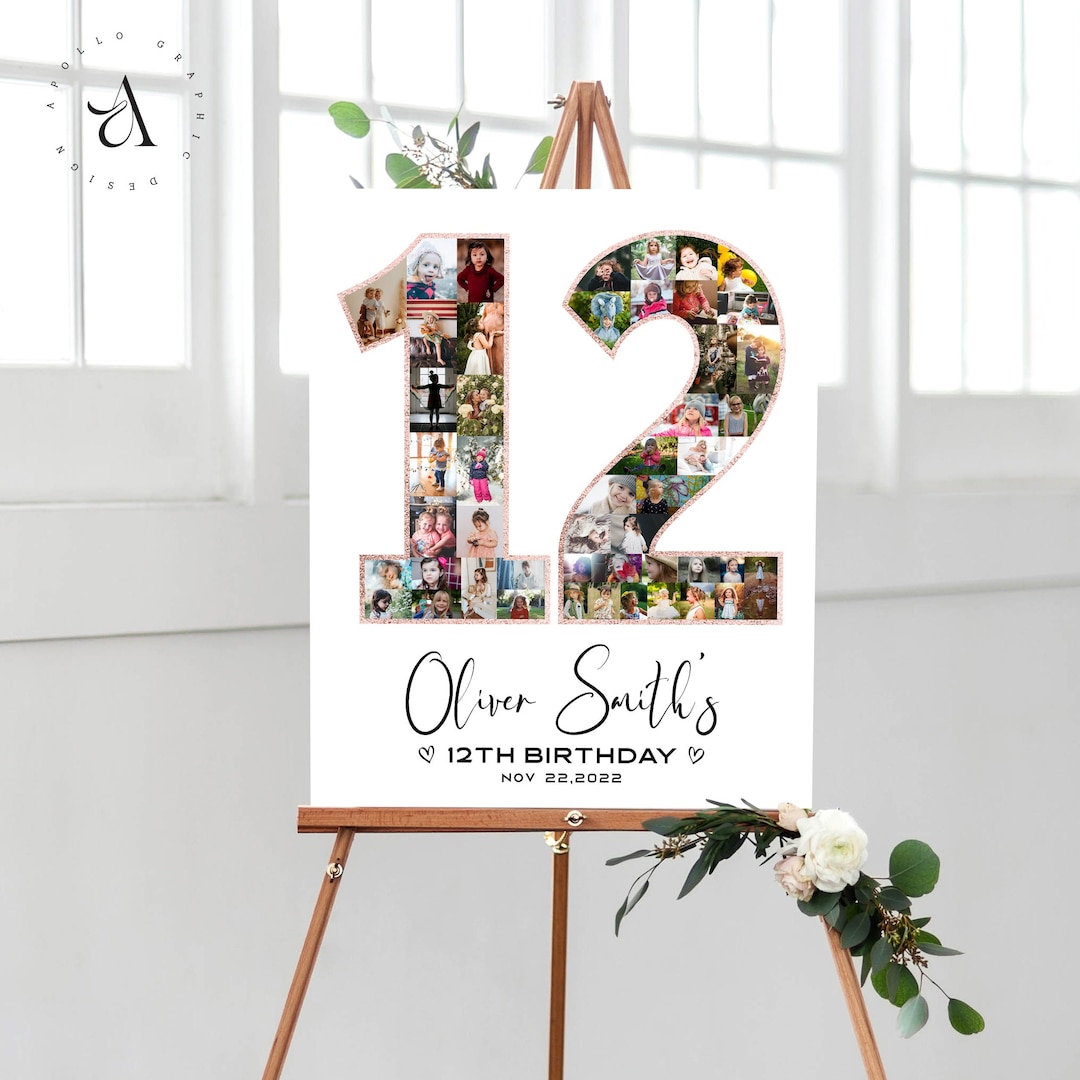 12th Birthday Sign, Personalized Number 12 Photo Collage, Birthday Gift ...