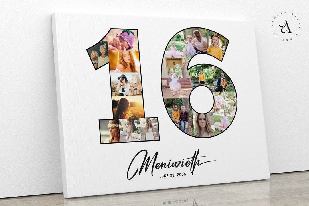 16th Birthday Photo Collage, Number 16 Poster With Photos, Sweet 16 ...
