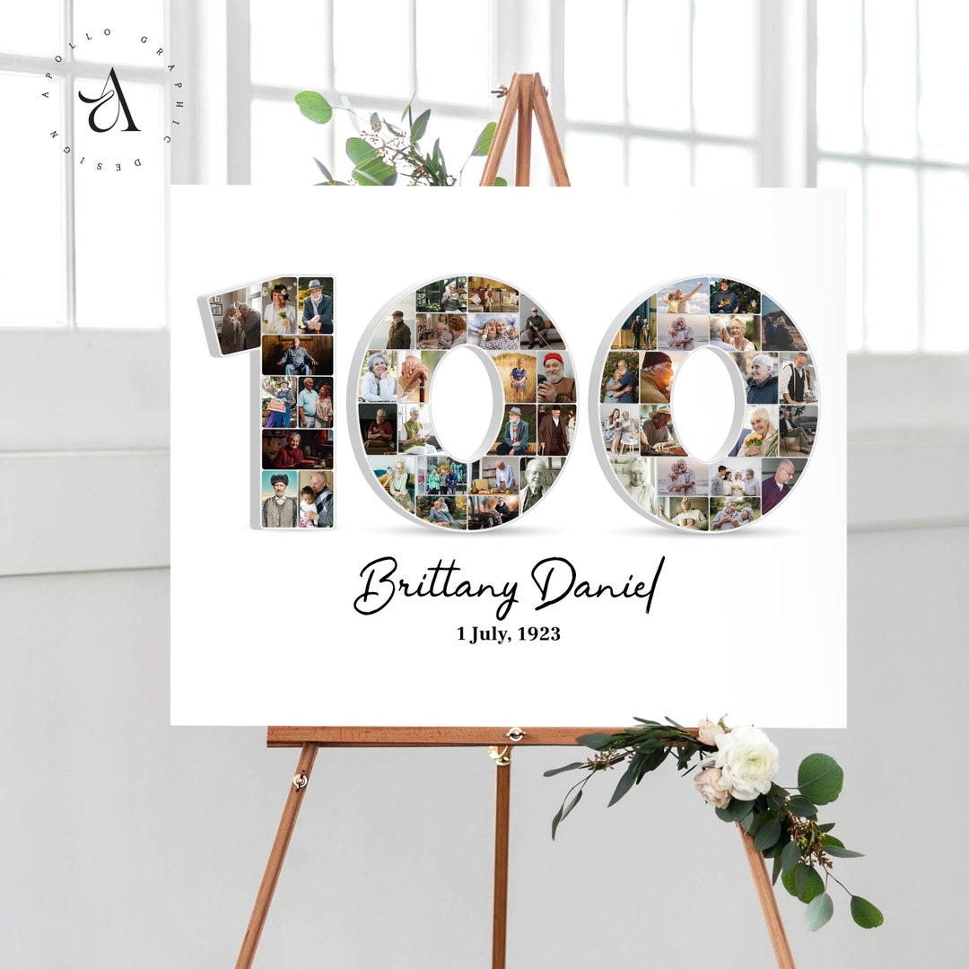 Number 100 Photo Collage, 100th Anniversary Collage Gift, Custom ...
