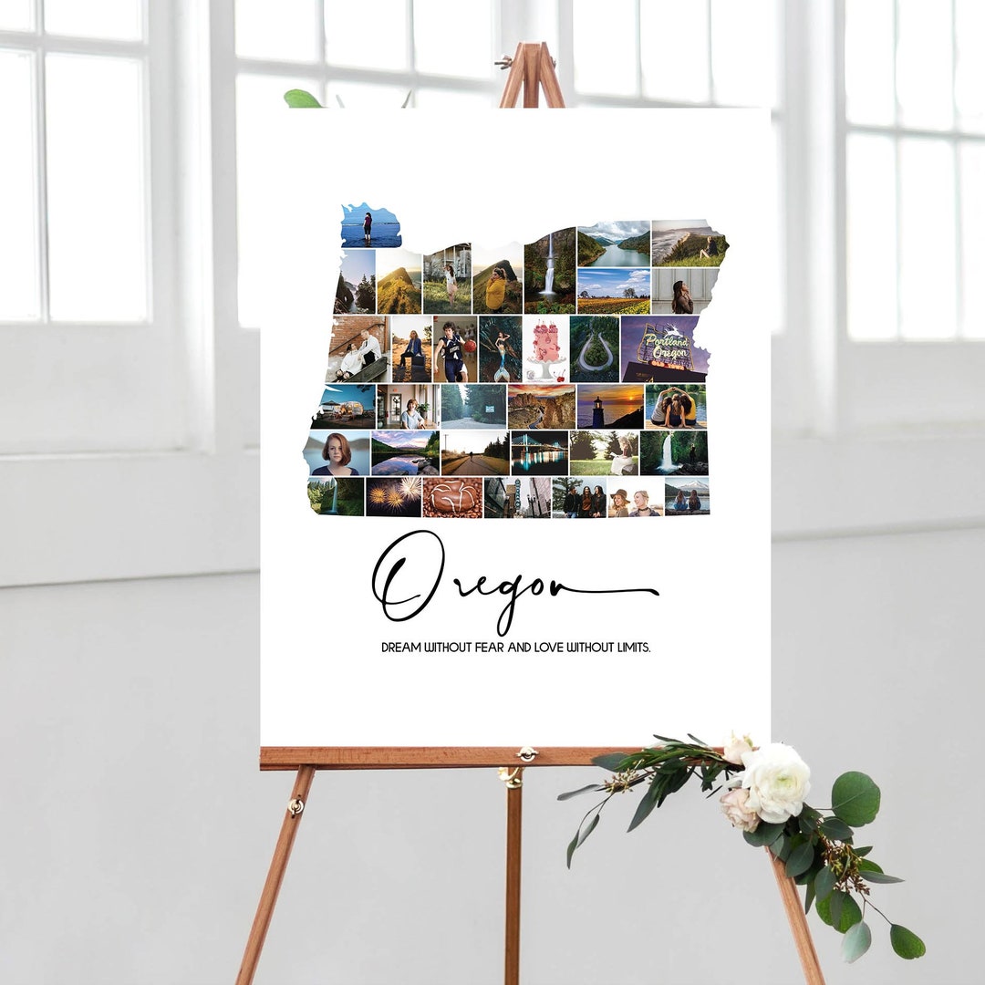 Oregon Photo Collage Decor, Oregon State Map Wall Art, Personalized ...