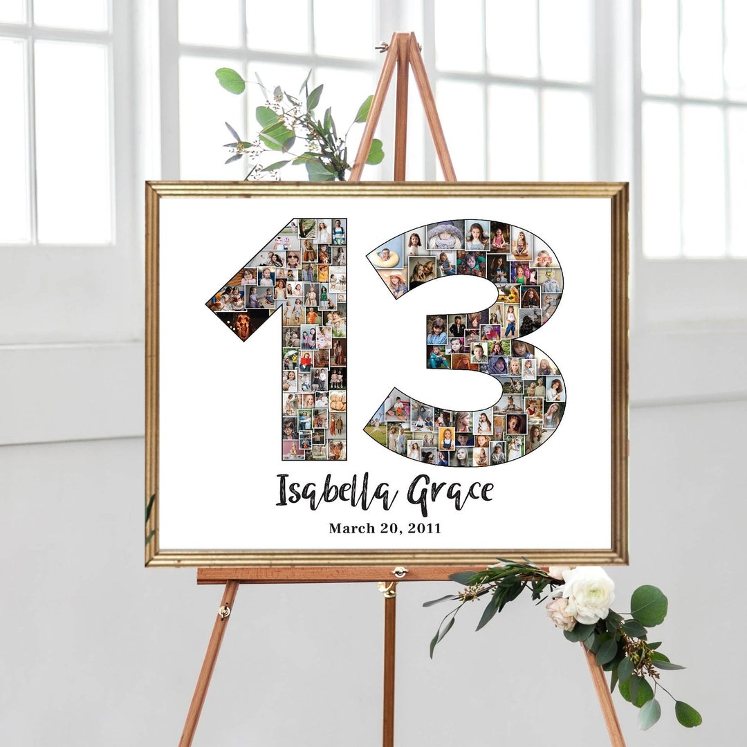 13th Birthday Photo Collage, Rose Gold Glitter Photo Number, 13th ...