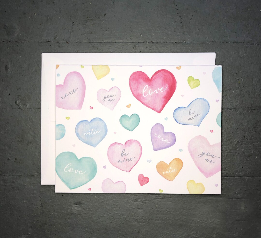 Valentine's Day Card Set | Watercolor Conversation Hearts - Set of 8 - Etsy
