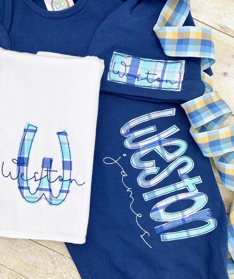 Personalized Embroidered Baby Boy Gown, Hat, and Burp Cloth Set ...