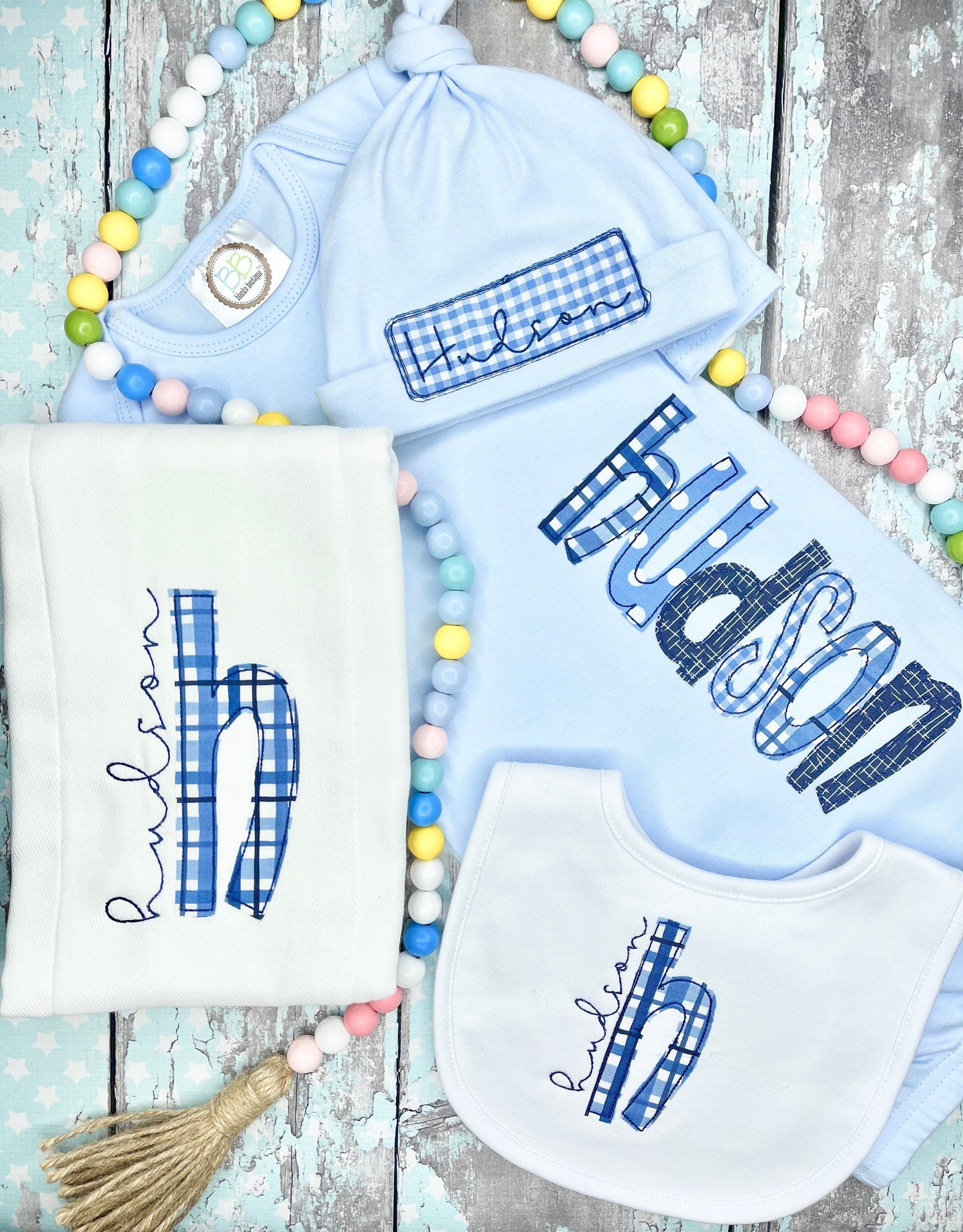 Personalized Baby Boy Gown, Hat, Bib, and Burp Cloth, Appliquéd ...
