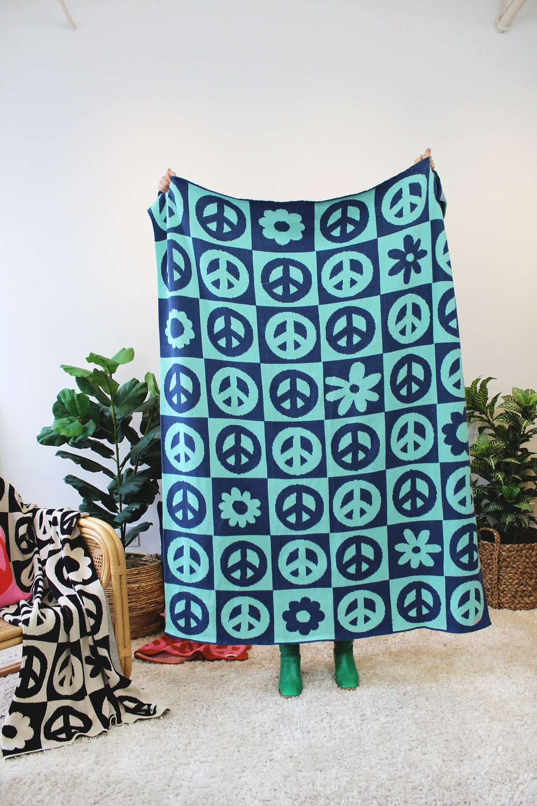 Peace Please - Peace Sign Knit Throw Blanket in Teal & Navy - Checkered ...