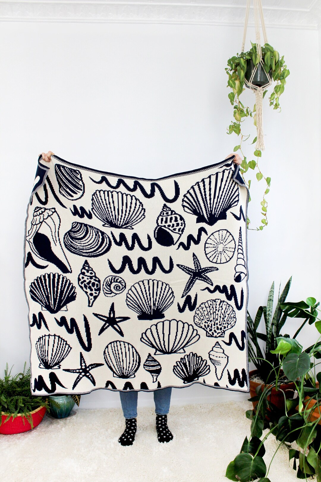 Seashell Cotton Blanket in Deep Ocean Navy - Beach House Decor - Under ...