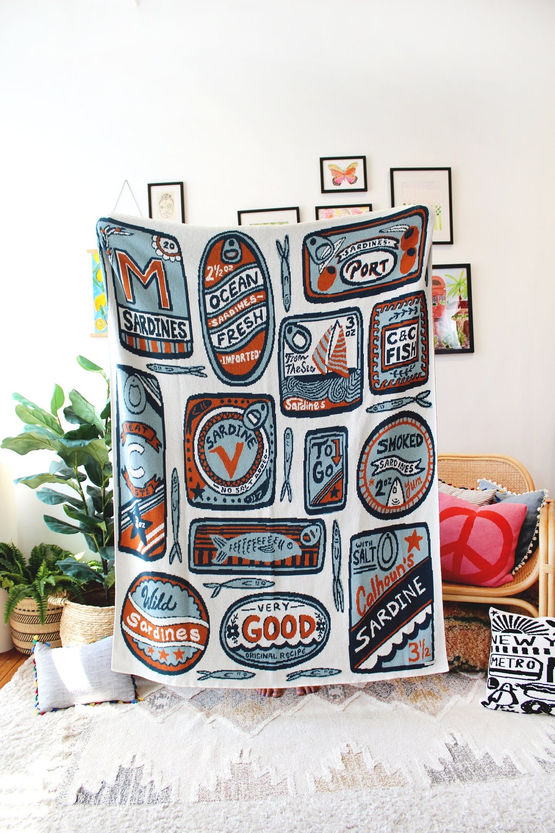 Sardine Fish Throw Blanket - Atlantic Teal Blue Copper Vintage ...