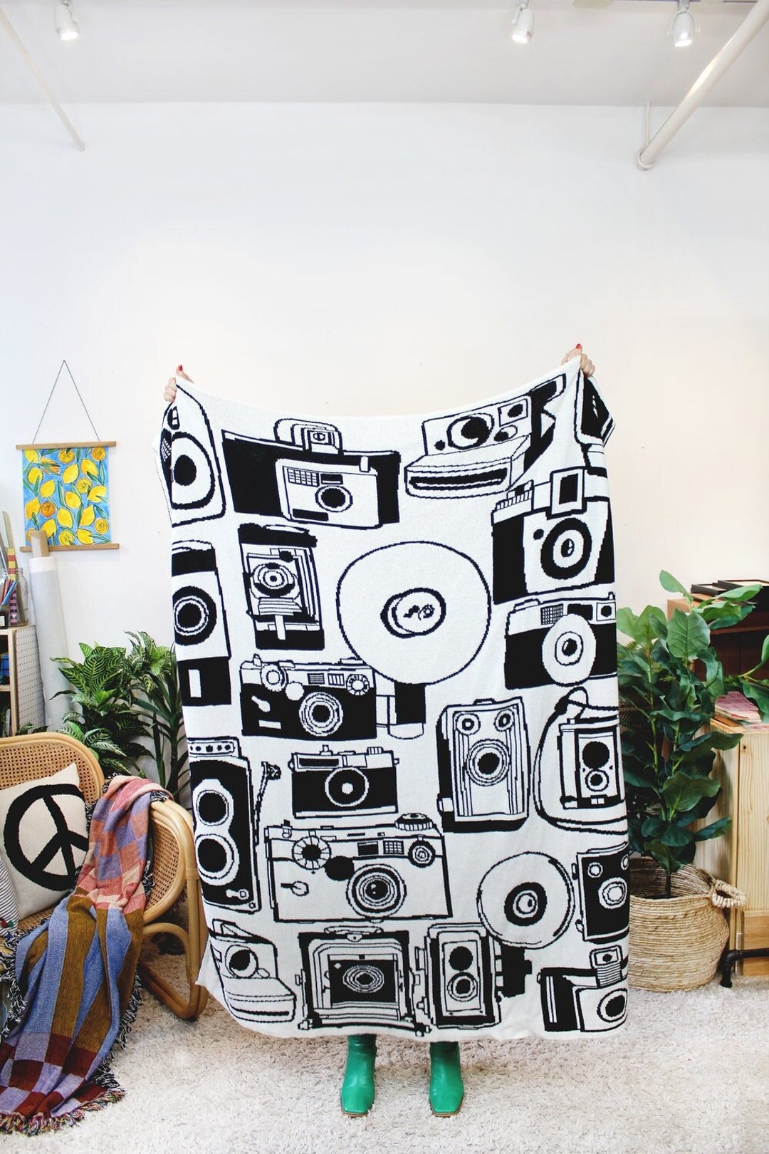 Vintage Camera Reversible Knit Blanket - Black and White Throw ...
