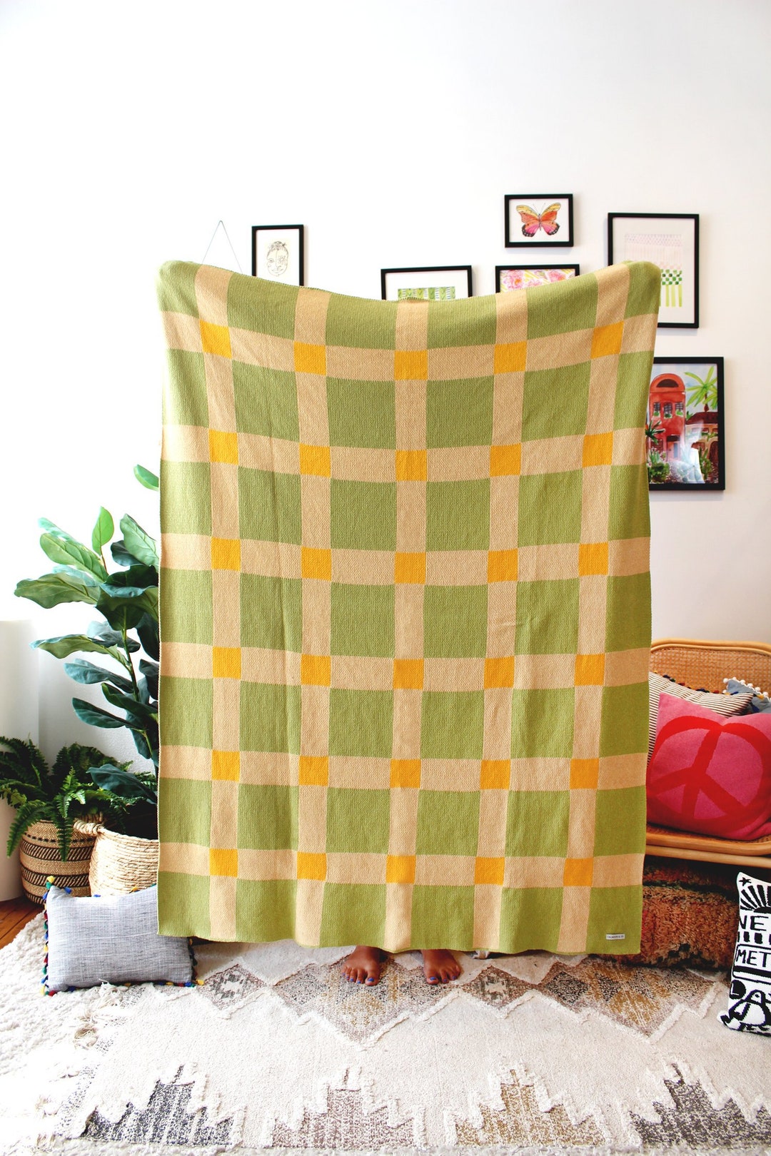 Gingham Knit Blanket - One in a Melon - Green - Yellow - Checkered Throw Blanket Decor - Picnic ...