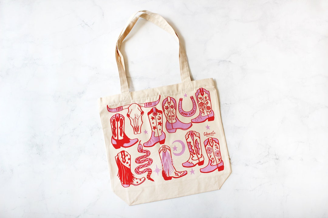 Pink Howdy Cowgirl Tote Bag Cowboy Boots Print Western Motif Reusable ...