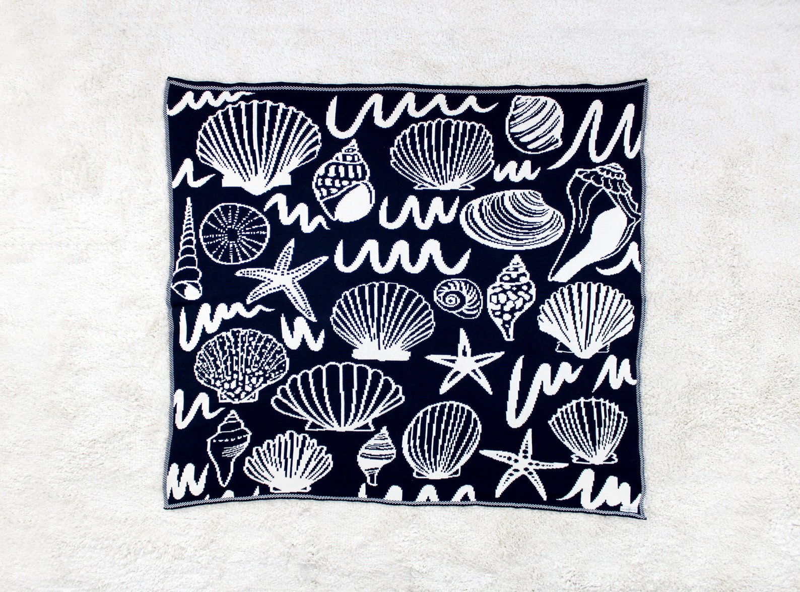 Seashell Cotton Blanket in Deep Ocean Navy Beach House Decor | Etsy
