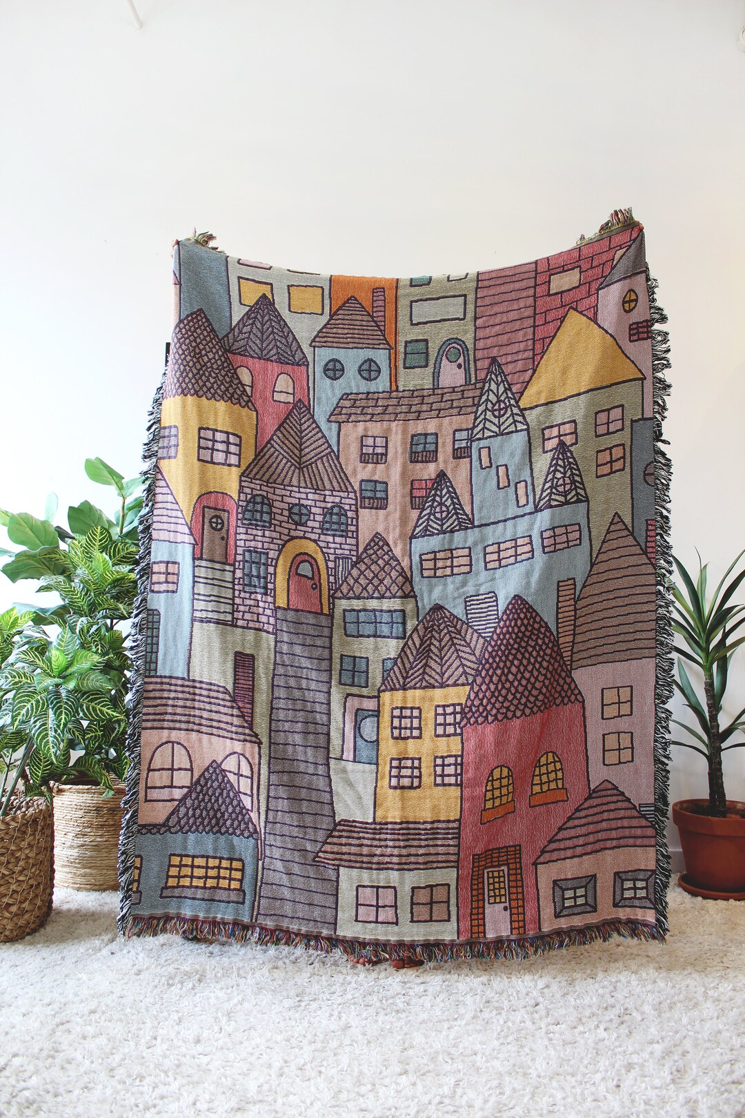 Hillside Village Multi-color Tapestry Blanket - Houses Throws ...