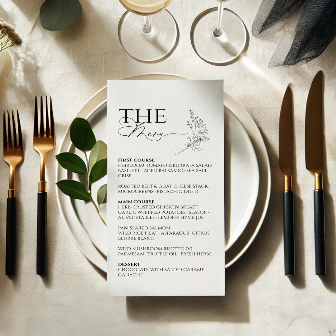 Minimalist Event Menu Cards | Printed or Digital Wedding, Dinner ...