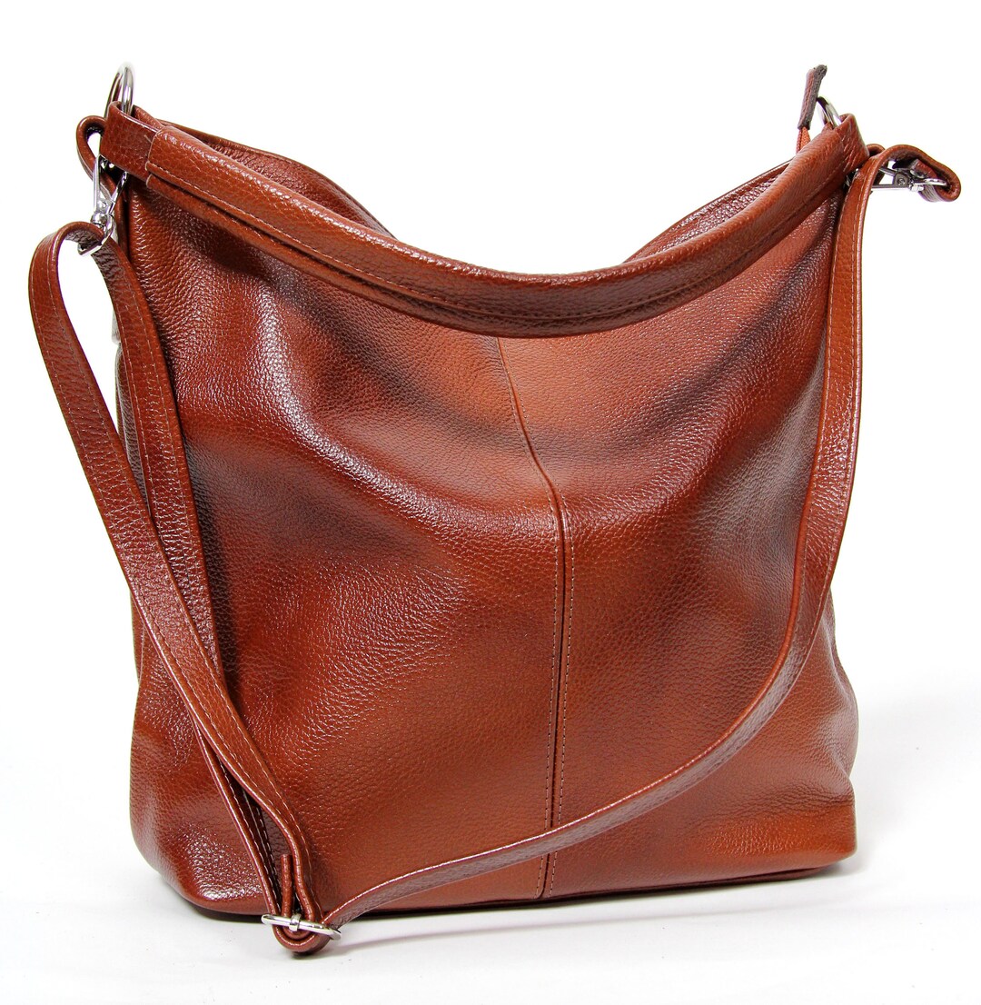 Cognac Brown Leather Handbag With Zipper Leather Shoulder Bag Handmade ...