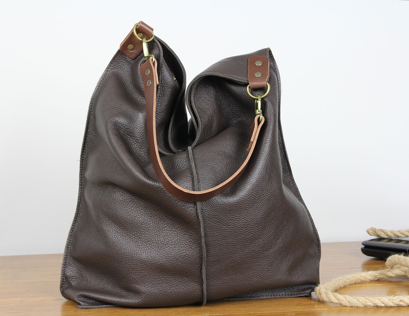 Dark Brown Leather Hobo Bag With Zipper Everyday Shoulder - Etsy
