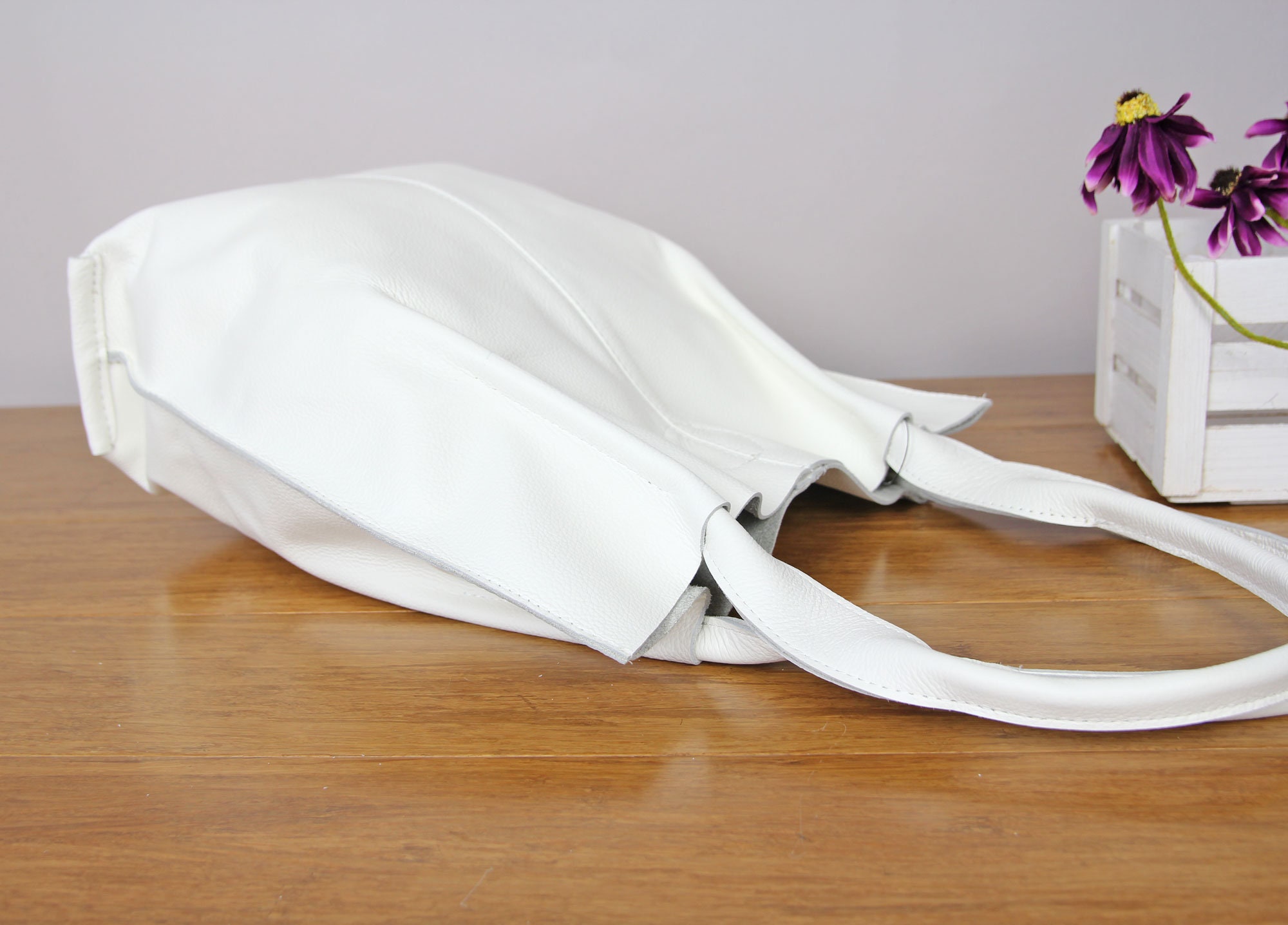 White Leather Tote Bag leather Shopper Bag Tote Bag With - Etsy