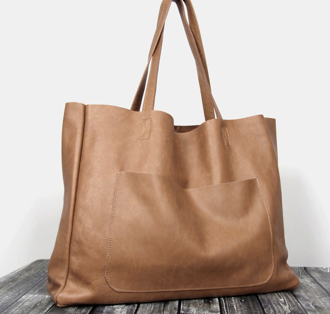 Everyday Handbag for Wome Soft Leather Tote Bag Tan Oversized Leather ...