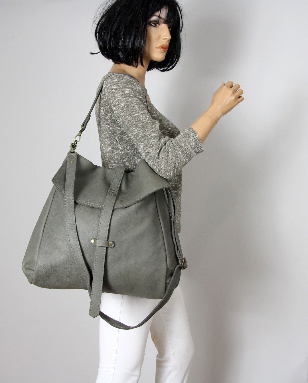 Soft Gray Leather Backpack Bag, Minimalist Large Leather Backpack ...