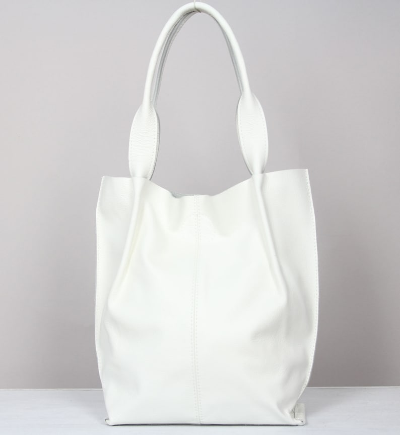 White Leather Tote Bag leather Shopper Bag Tote Bag With - Etsy