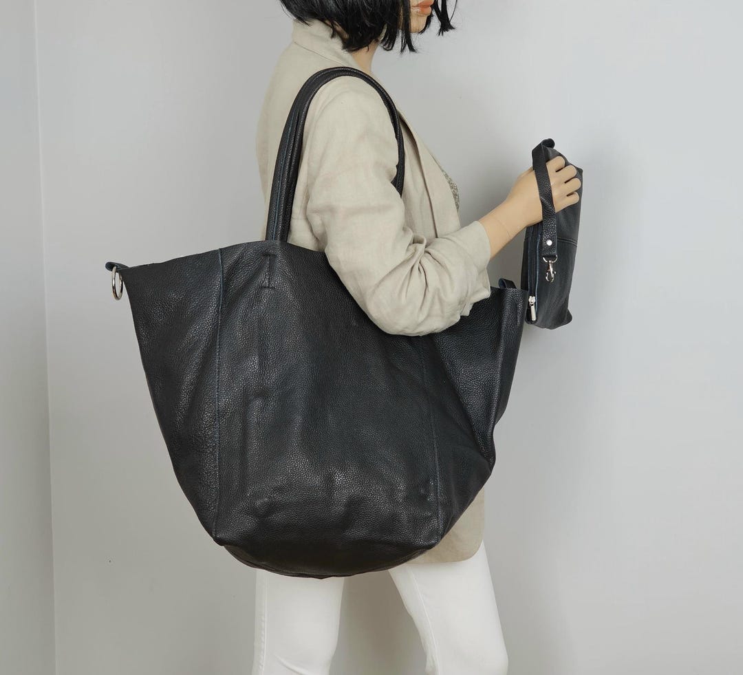 New Extra Large Work Tote Bag, Leather Black Shopper Bag, Everyday ...