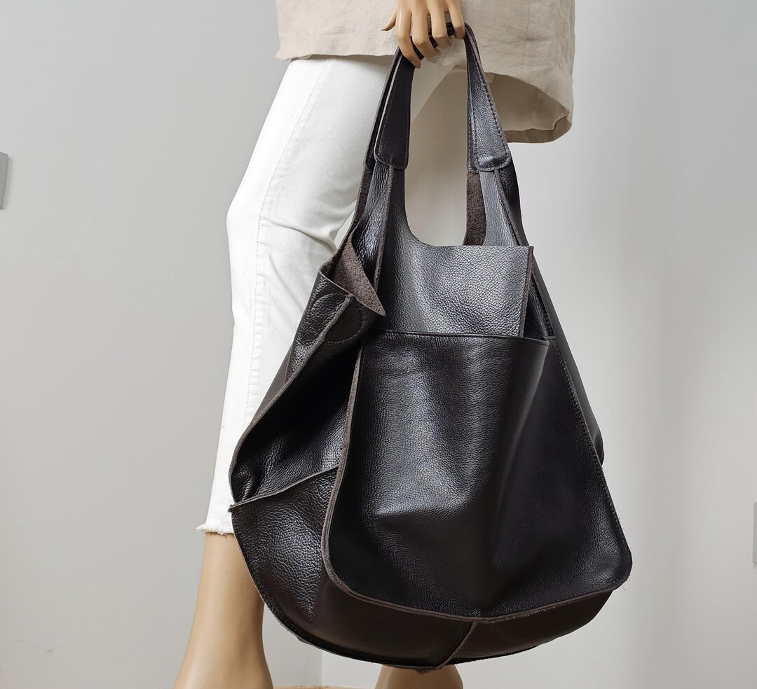DARK BROWN Oversized Shopper Bag, Extra Large Leather Tote Bag ...